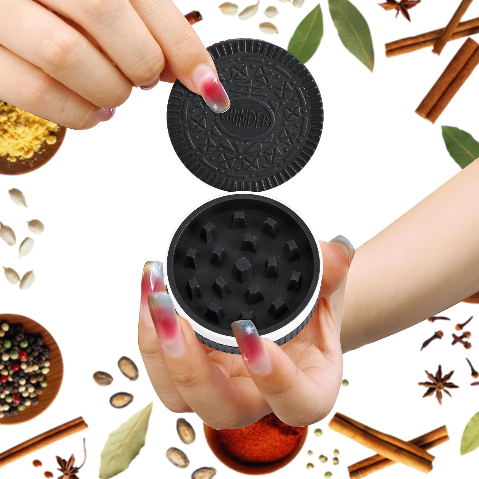 2PCS Grinder, 2.2 Inch Spice Grinder, Stronger Grip, Cookie Shape Design Grinder (White & Black)