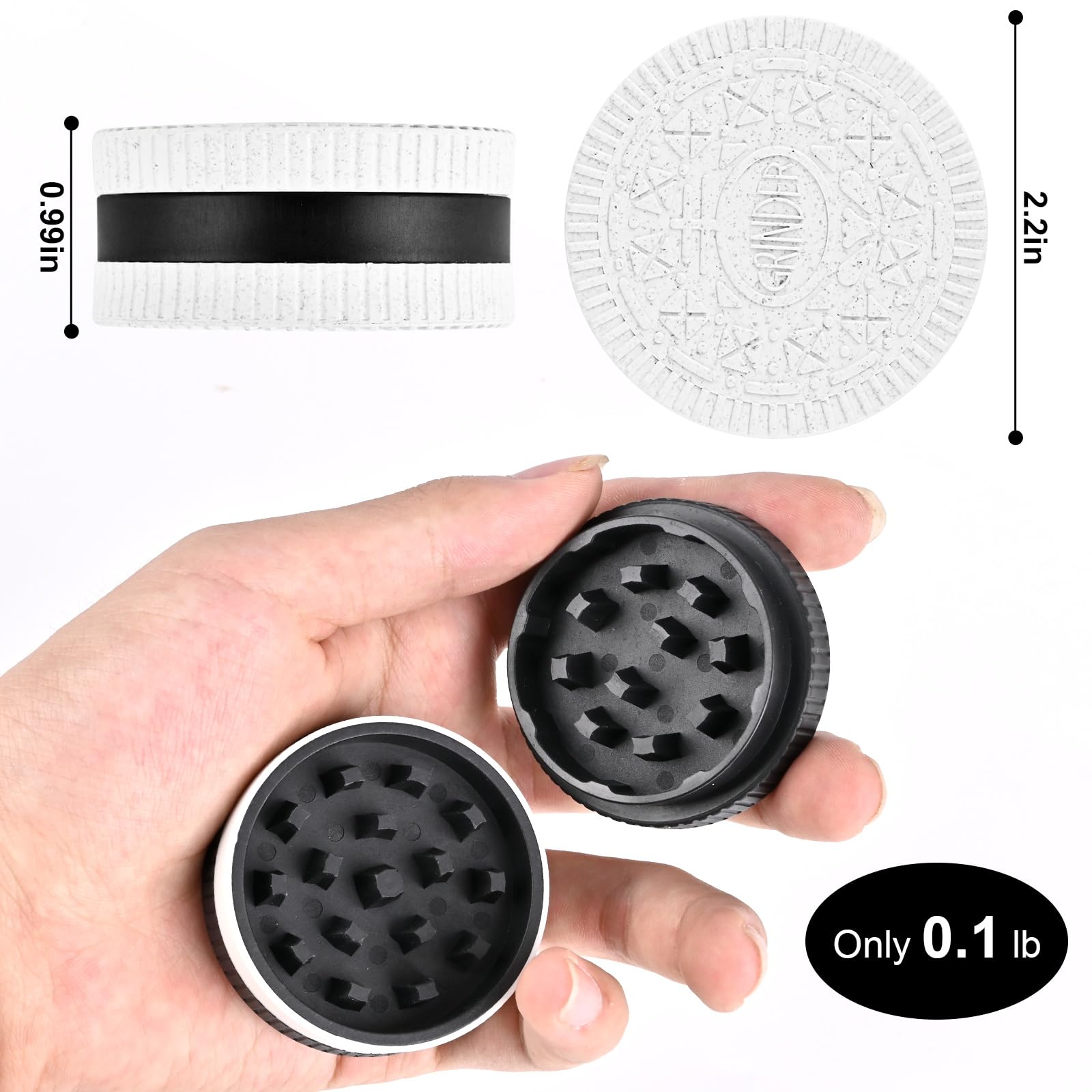 2PCS Grinder, 2.2 Inch Spice Grinder, Stronger Grip, Cookie Shape Design Grinder (White & Black)