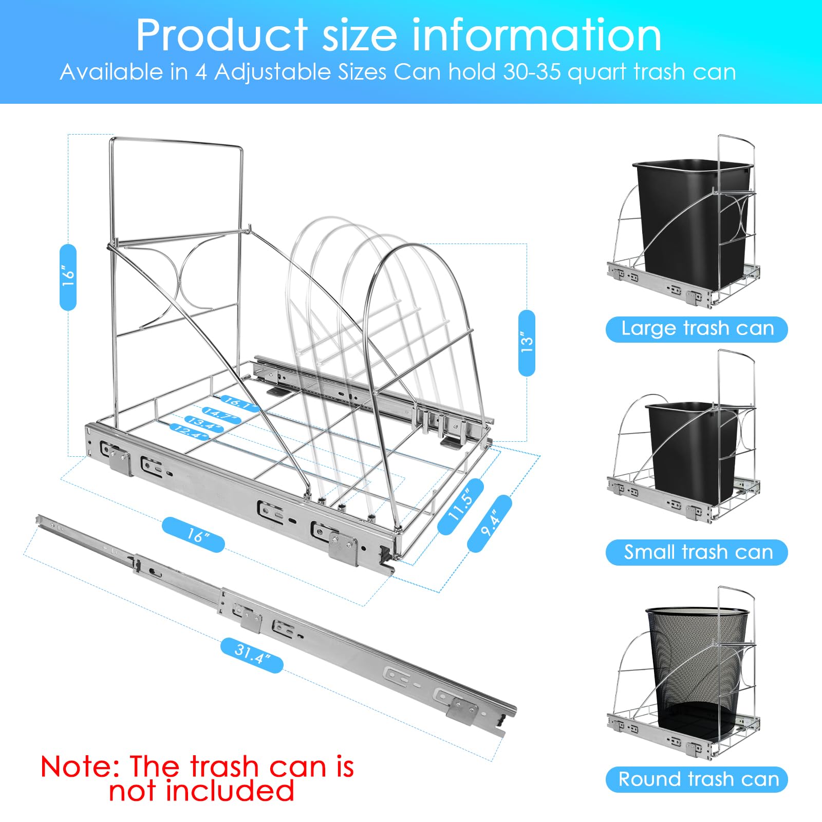 oxinyra Pull Out Trash Can Under Cabinet, Under Sink Adjustable Pull Out Shelf, Slide Out Garbage Can Kit Silver Fit for Most 7-11 Gallon Garbage Can (Trash Can Not Included)