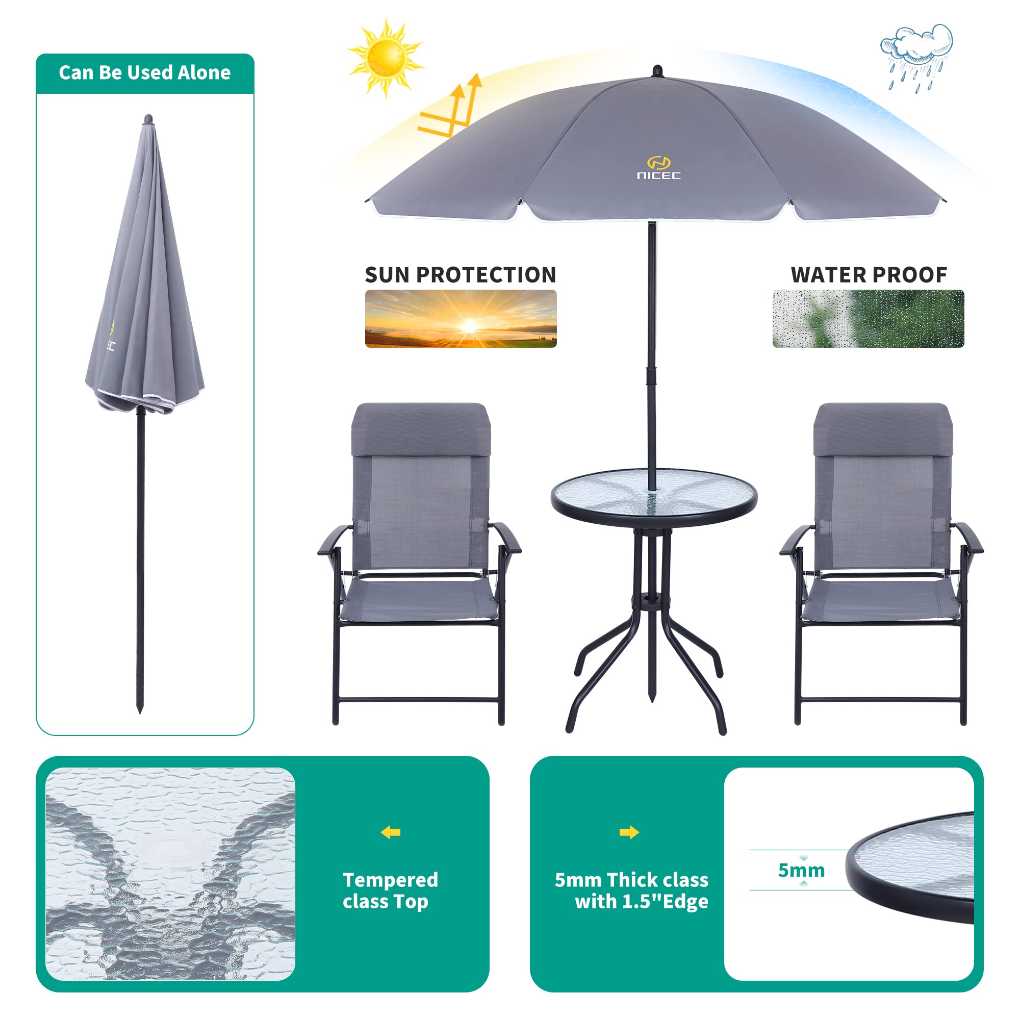 Nice C Patio Set with Umbrella, Outdoor Dinning Set, Patio Furniture Set, Table and Chairs, 4-Piece Garden Furniture Set, Glass Table, 2 Folding Chairs and Tilt Umbrella (Grey)