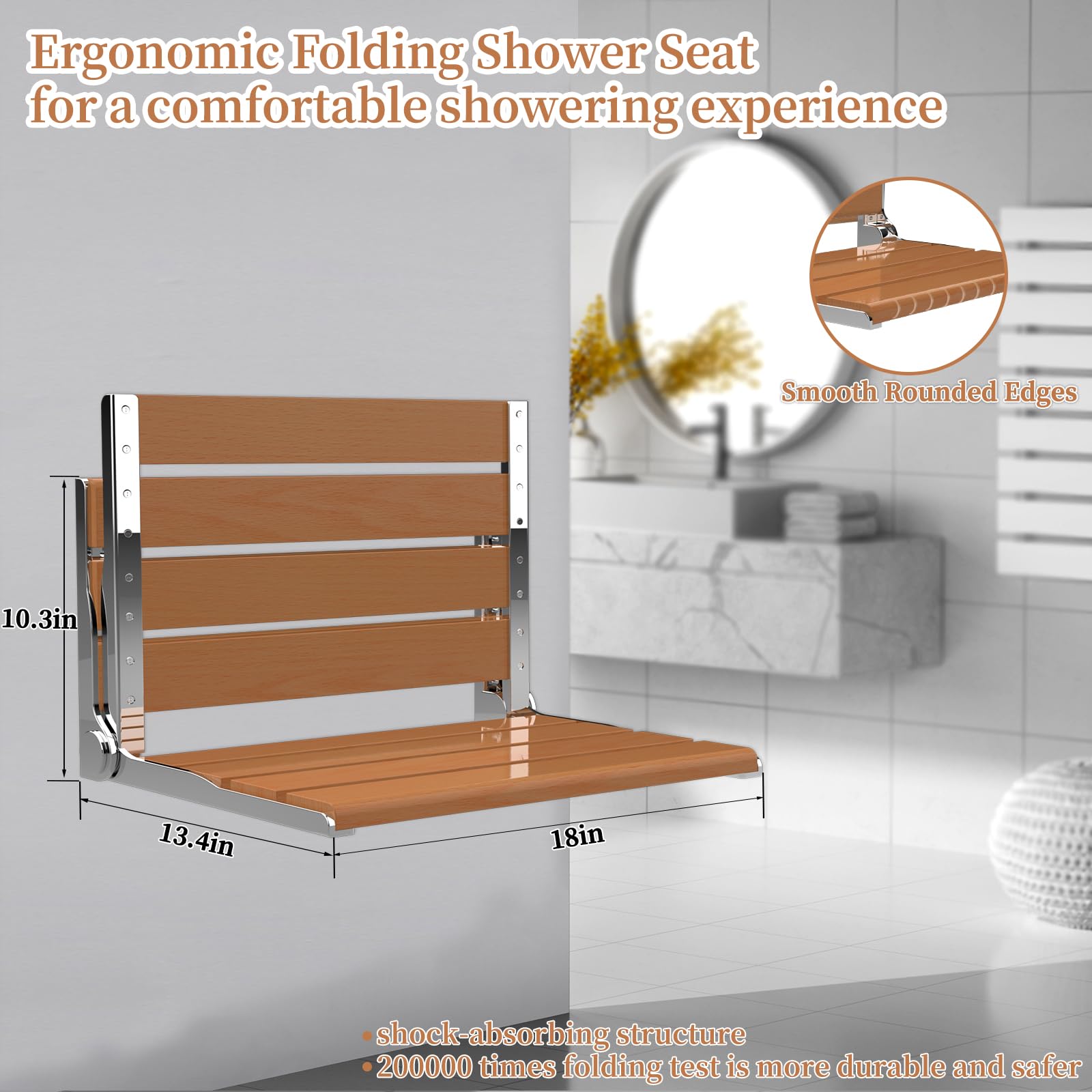 Folding Shower Seat Wall Mounted, Wall Mount Teak Shower Seat for Inside Shower, Home Care Foldable Shower Bench for Small Shower Space, Fold Down Shower Seat