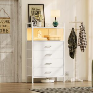 KAI-ROAD White Dresser for Girls Bedroom, 4 Drawer Dresser with LED Light and Charging Station, Tall Nightstand Large Kids Dresser with Open Shelf