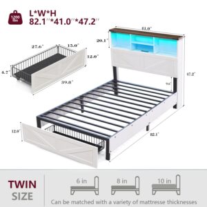 ROCHECASA Twin Bed Frame with Bookshelf, Bookcase High Headboard with Charging Station and LED Light, Farmhouse Bed with Storage Drawers, No Box Spring Needed, Noise Free, Easy Assembly, White