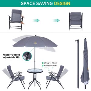 Nice C Patio Set with Umbrella, Outdoor Dinning Set, Patio Furniture Set, Table and Chairs, 4-Piece Garden Furniture Set, Glass Table, 2 Folding Chairs and Tilt Umbrella (Grey)