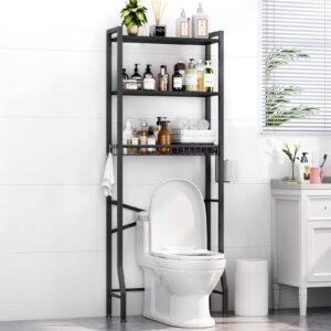 kalrin over-the-toilet storage rack, 3-tier bathroom organizer shelf over toilet with shelf and basket, freestanding space saver bathroom shelves above toilet for room (black)