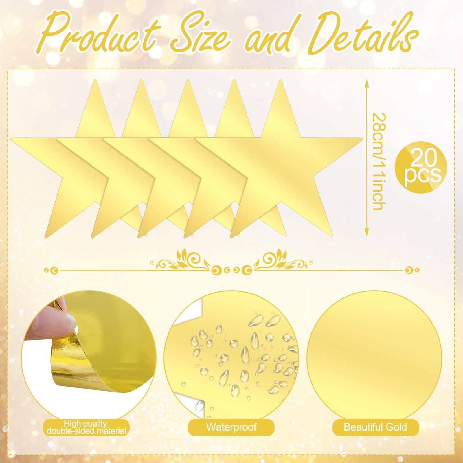 Gold Star Cutouts 11 Inch Double Printed Large Paper Stars Decorations for Wedding Party Classroom Supplies, 40 Pieces