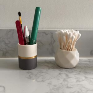 Home Haven Qtip Holder - White/Navy with Gold Stripe - Q Tip Holder for Bathroom, Bathroom Vanity Decor, Floss Pick Holder, Cotton Swab Holder, Bathroom Sink Decor, Flosser Holder, Cute Bathroom Decor