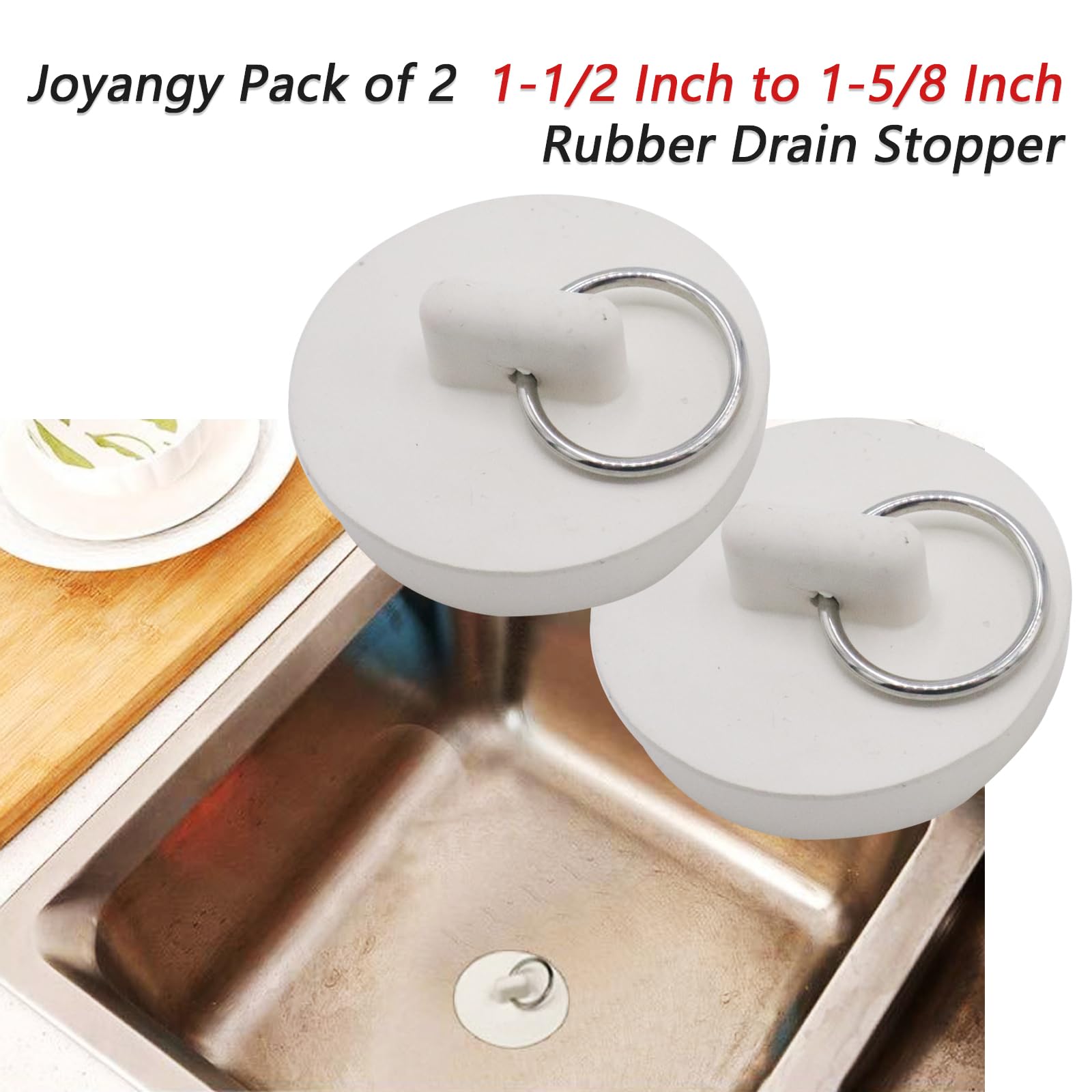 Joyangy Pack of 2 Rubber Drain Stopper, 1-1/2 Inch to 1-5/8 Inch Bathroom Sink Stopper, Universal Bathtub Drain Plug with Hanging Ring for Bathroom Kitchen Sink Tub Drain