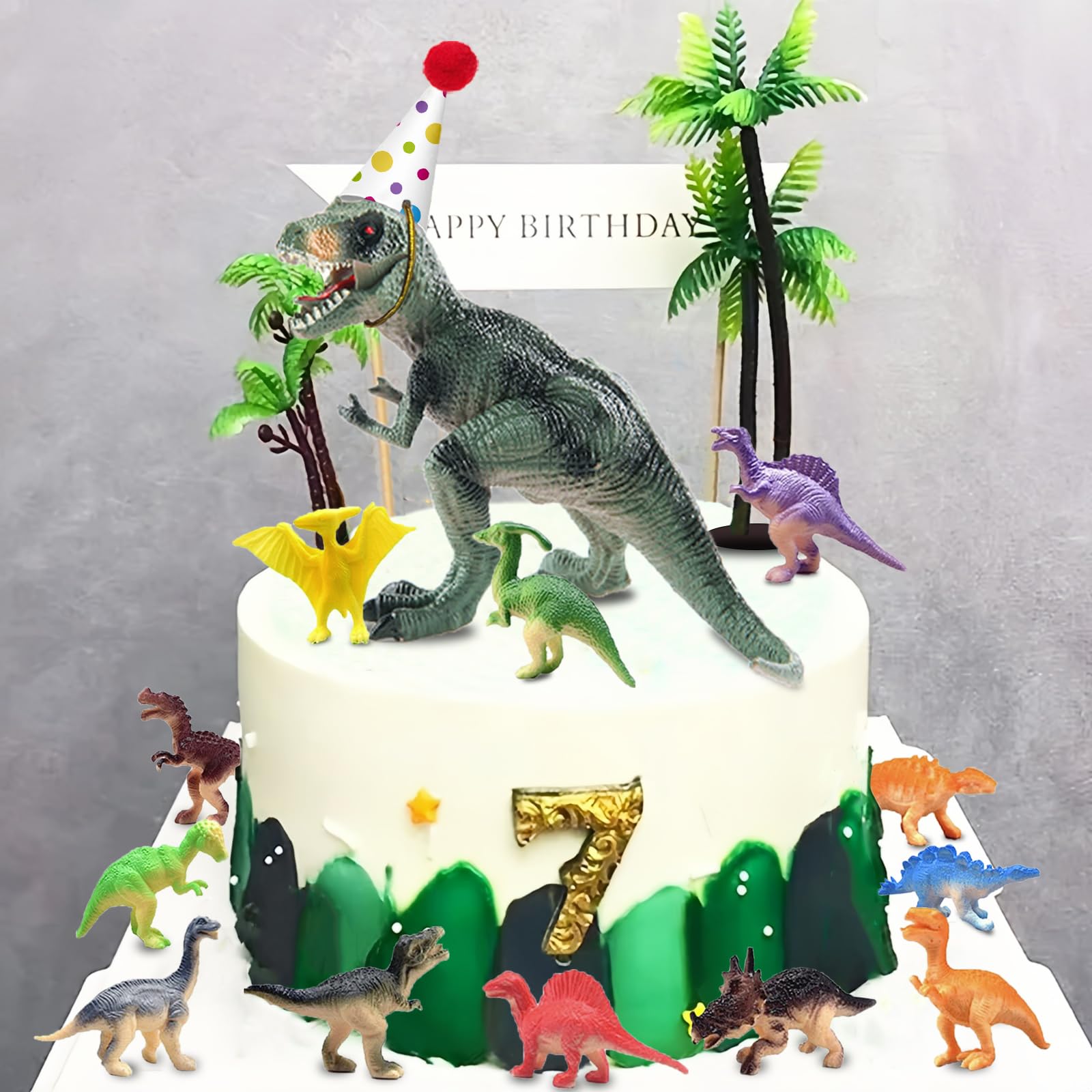 Dinosaur Birthday Decorations - Dinosaur Cake Toppers With Mini Hat - Funny Dino Cake Decoration Party Supplies Gift Ideas for Boys Girls Kids