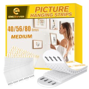 emitever picture hanging strips heavy duty, damage free hanging picture hangers for walls, picture hanging kit, hanging hooks without nails, medium poster wall strips white 20-pairs (40 strips)