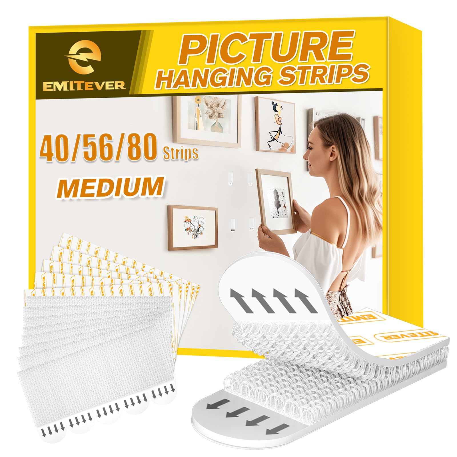 EMITEVER Picture Hanging Strips Heavy Duty, Damage Free Hanging Picture Hangers for Walls, Picture Hanging Kit, Hanging Hooks Without Nails, Medium Poster Wall Strips White 20-Pairs (40 Strips)