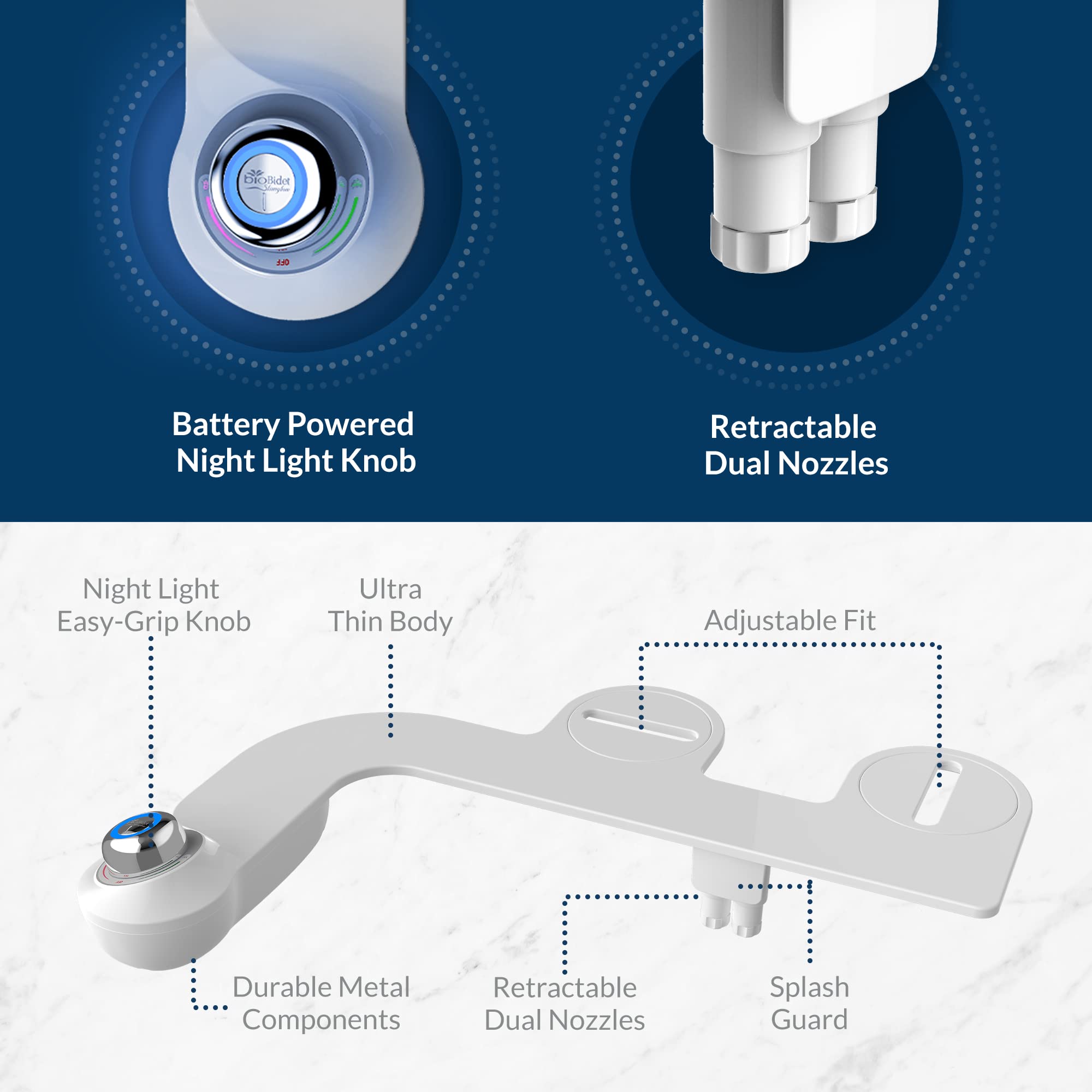 Mayfair Caswell Toilet Seat and Bidet Bundle, Slow Close Plastic Toilet Seat with Non-Electric, Easy to Install SlimGlow Bidet Attachment, Elongated, White