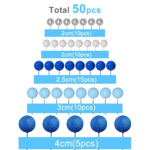 ASTARON 50 Pcs Ball Cake Topper Sticks Mini Balloons for Cake Decorating Supplies Foam Balls Cake decorations for Baby Shower Cake Birthday Cake Toppers Decorations (Blue Series)