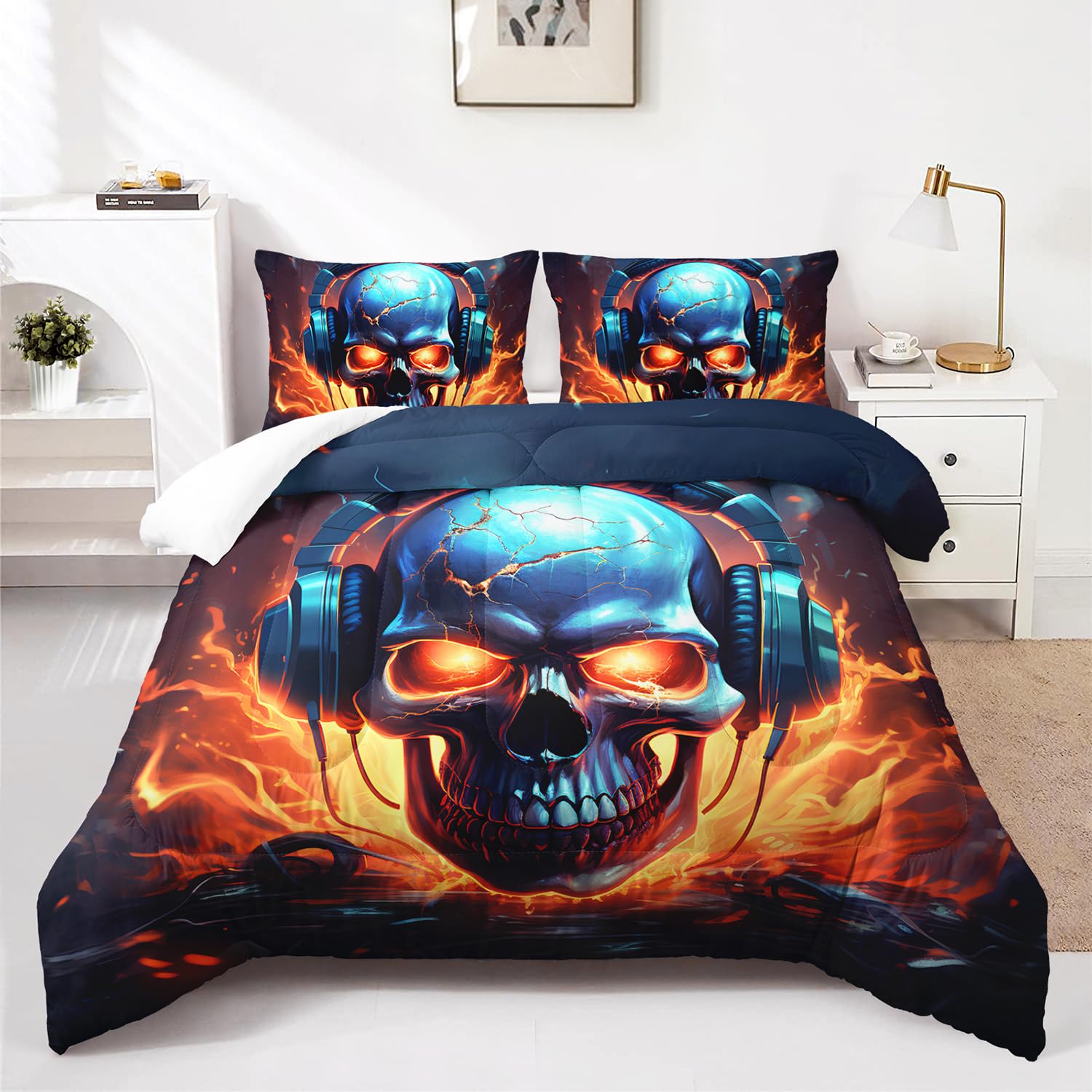 AILONEN 3D Skull Comforter Set Full Size, Music Headset Skull Skeleton Bedding Set,Fire Skull Bed in a Bag for Boys Teen,Hip Hop Skull Comforter with 2 Pillowcases