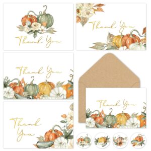 whaline 32 packs fall pumpkin gold foil thank you cards autumn watercolor greeting cards blank note cards with envelopes and stickers for thanksgiving birthday baby shower party, 4 x 6 inch