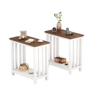 choochoo farmhouse end tables set of 2, narrow side tables for small spaces, night stands with storage shelf for living room and bedroom, white and brown