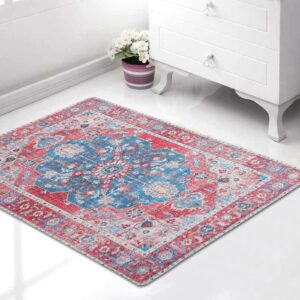 wayye area rug non-slip printed washable low-pile rug for indoor kitchen bathroom bedroom living room nursery (red and blue, 2'x3')