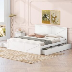 LZ LEISURE ZONE King Size Platform Bed, Wooden Platform Bed Frame with 4 Storage Drawers and Support Legs, No Box Spring Needed, White