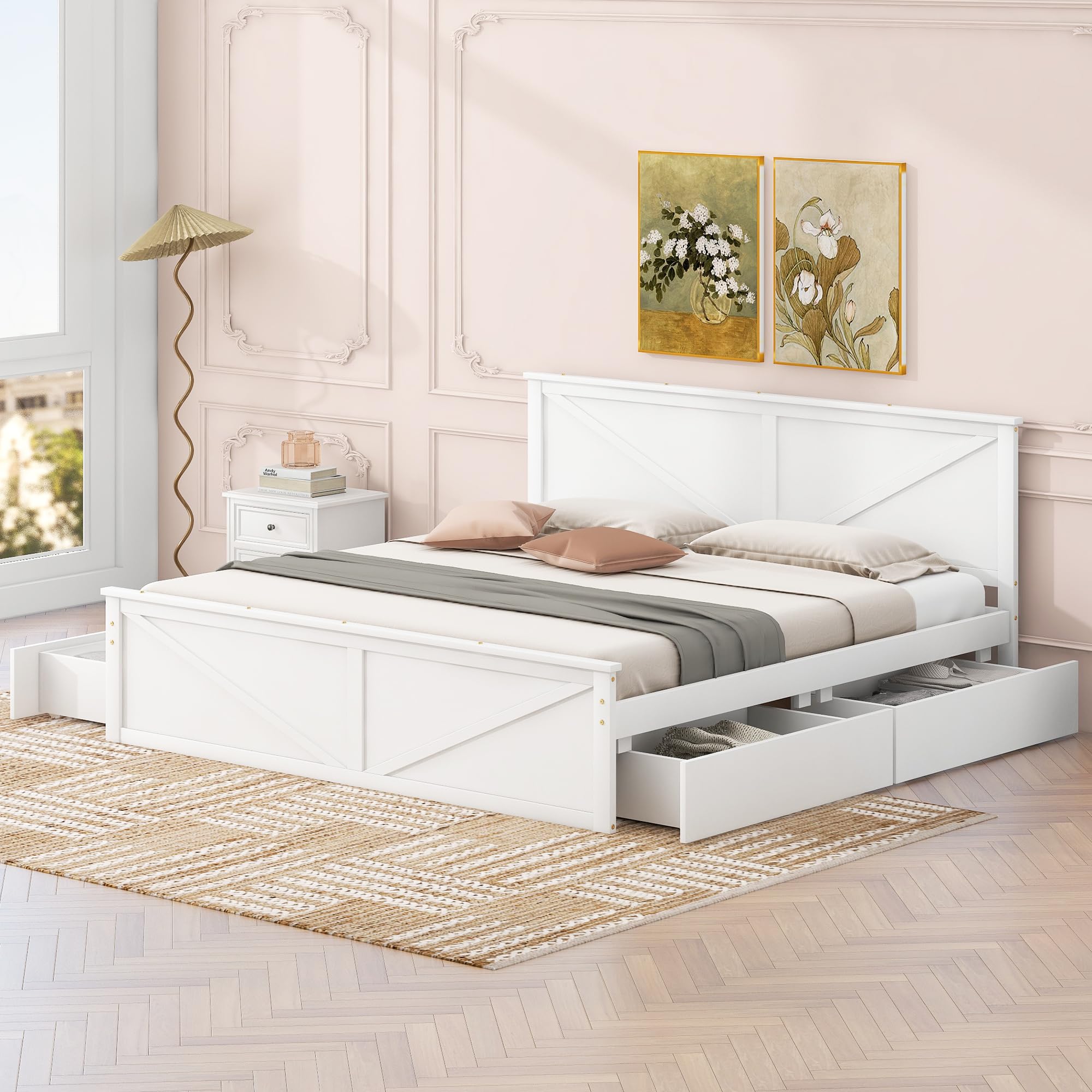 LZ LEISURE ZONE King Size Platform Bed, Wooden Platform Bed Frame with 4 Storage Drawers and Support Legs, No Box Spring Needed, White