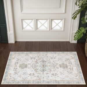 lukinbox area rug 2x3 small entryway rug, boho washable accent throw rugs for bedroom, soft pink vintage non slip low-pile floral door mat entrance rug for kitchen bathroom