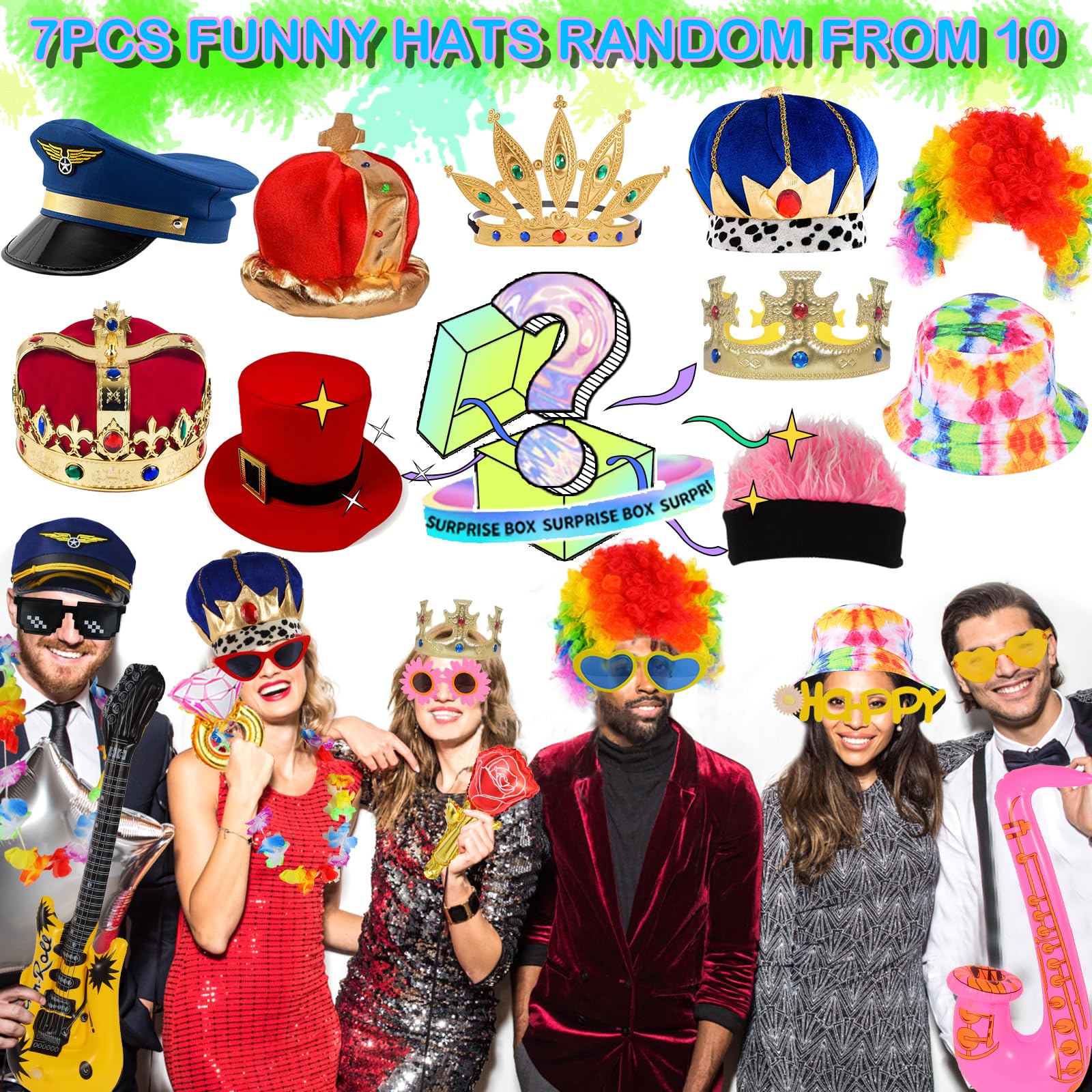 Bulk Opulent Photo Booth Props Set for Adult, Novelty Funny Hats and Glasses, Colorful Wig, Inflatable, Phtot Booth Props Kit for Graduation, Wedding, Birthday, Bachelorette and All Occasions