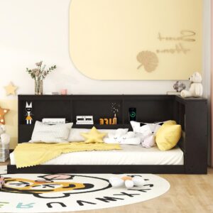 BestLM Wood Twin Size Daybed Floor Bed with Storage Cabinets and USB Ports for Kids Teens Boys Girls, Espresso