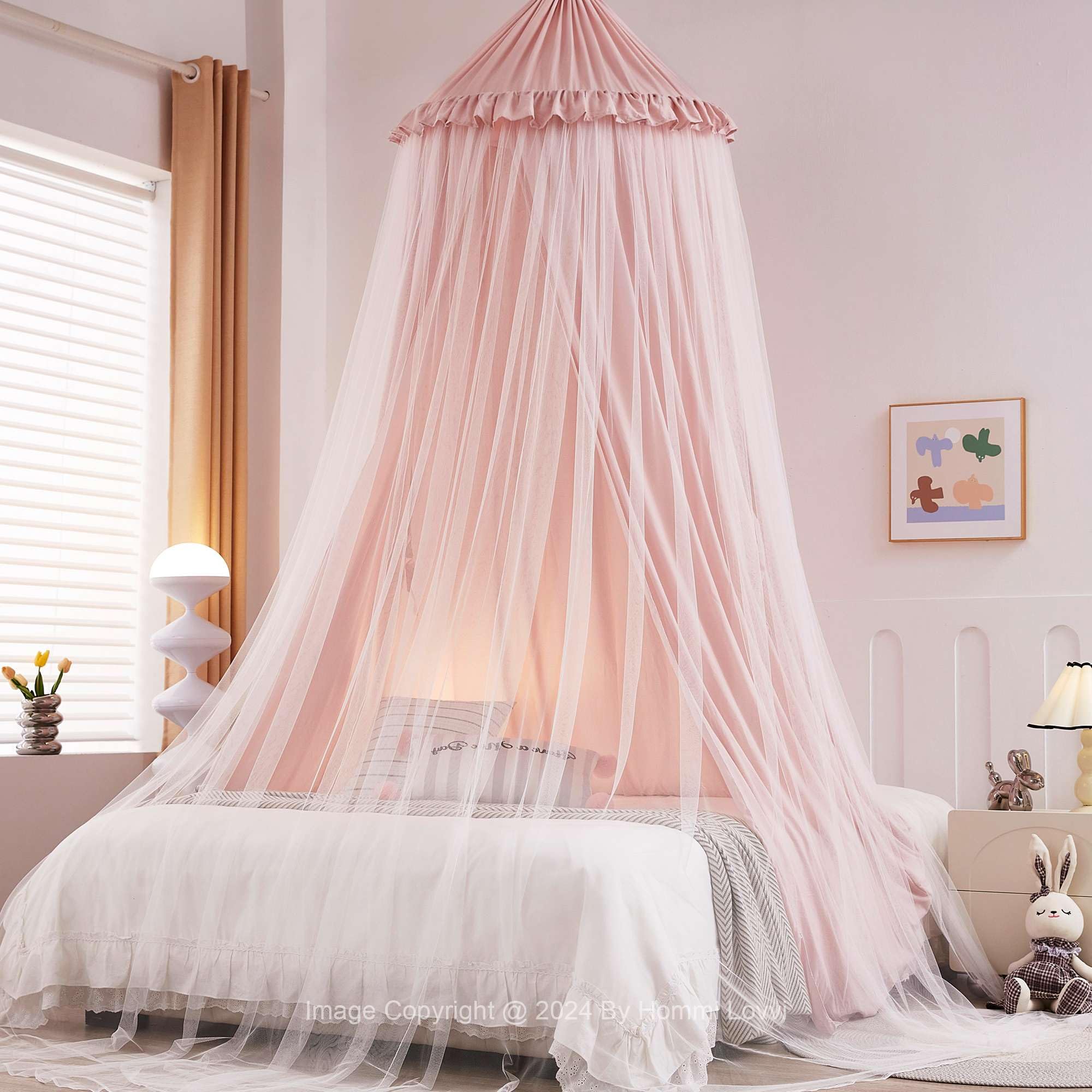 Hommi Lovvi Double Layers Bed Canopy with Star Lights, 3 Pieces Layers Canopy for Girls Bed, Princess Round Dome Dreamy Play Tent, Hanging Kids Reading Nook Mosquito Net, Machine Washable - Light Pink