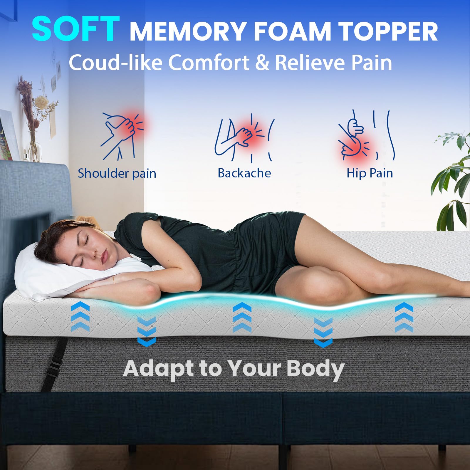 3 Inch Gel Memory Foam Mattress Topper Queen for Back Pain Pressure Relief, Cooling Bed Topper with Washable Breathable Soft Cover, Non-Slip Straps Ventilated CertiPUR-US