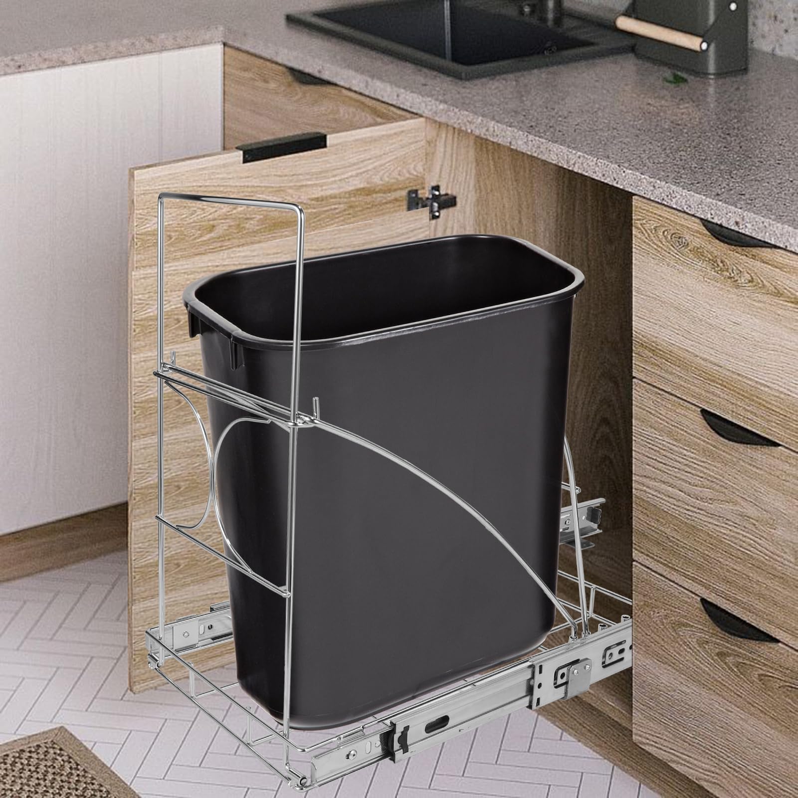 oxinyra Pull Out Trash Can Under Cabinet, Under Sink Adjustable Pull Out Shelf, Slide Out Garbage Can Kit Silver Fit for Most 7-11 Gallon Garbage Can (Trash Can Not Included)