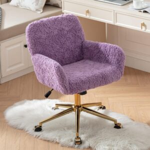 thctvous purple vantiy desk chair comfy, sherpa makeup vanity chair with back and rolling wheels for bedroom home office,adjustable high gold feet,artificial rabbit hair