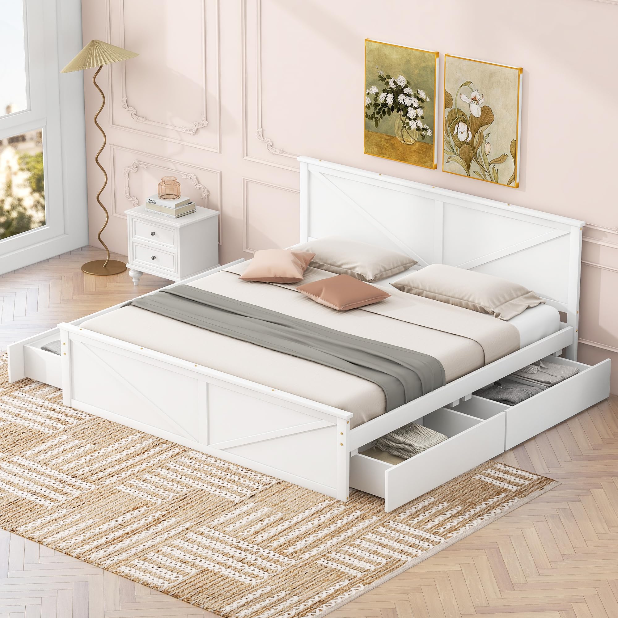 LZ LEISURE ZONE King Size Platform Bed, Wooden Platform Bed Frame with 4 Storage Drawers and Support Legs, No Box Spring Needed, White