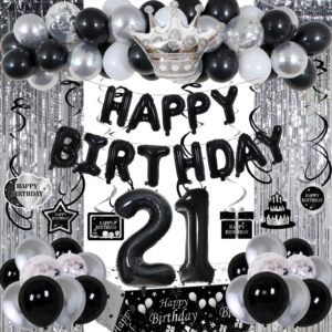 black and silver 21st birthday decorations for him her, black and white 21 birthday party decorations for men boys, black silver happy 21st birthday banner balloons fringe curtains table cloths women