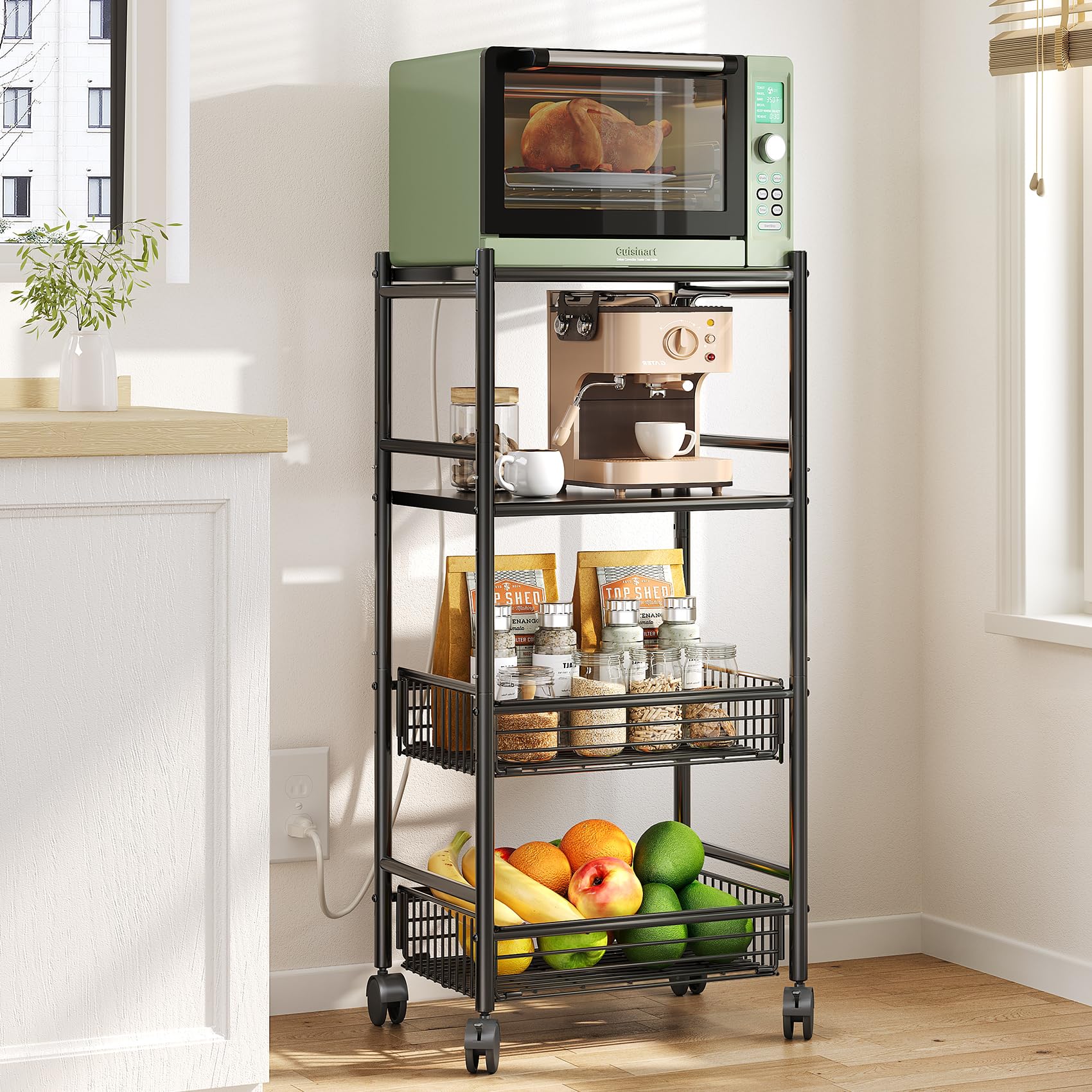 Kitchen Microwave Stand Shelf - 4 Tiers Metal Bakers Rack with Casters, Coffee Bar Station with Storage, Black