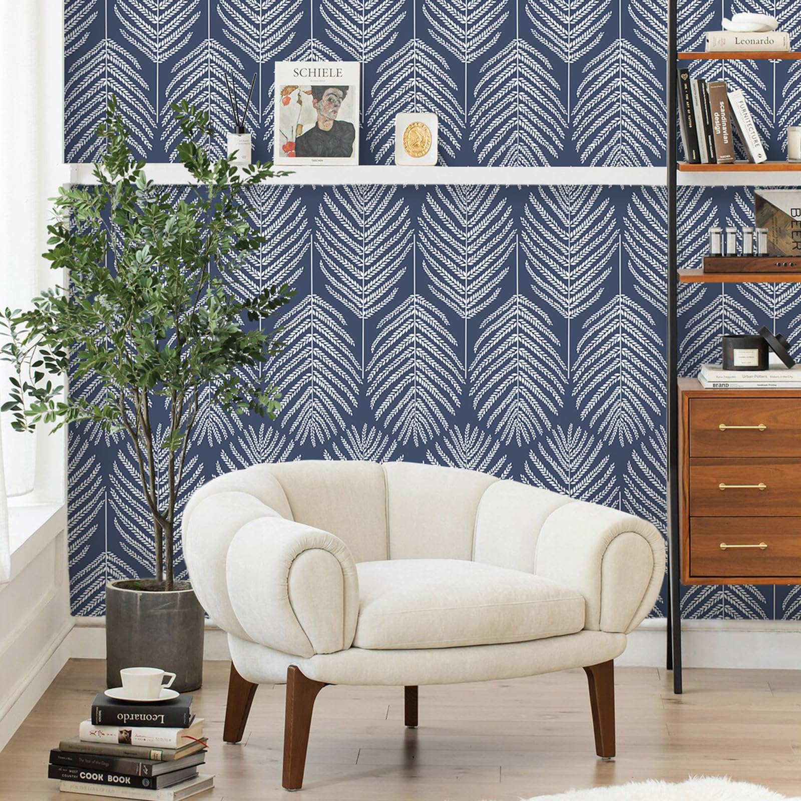 Fititem Blue Wallpaper Peel and Stick Wallpaper 393”×17.3” Coastal Modern Boho Contact Paper for Cabinet Dark Blue Leaf Wallpaper for Bedroom Removable Self-Adhesive Waterproof Wallpaper for Bathroom