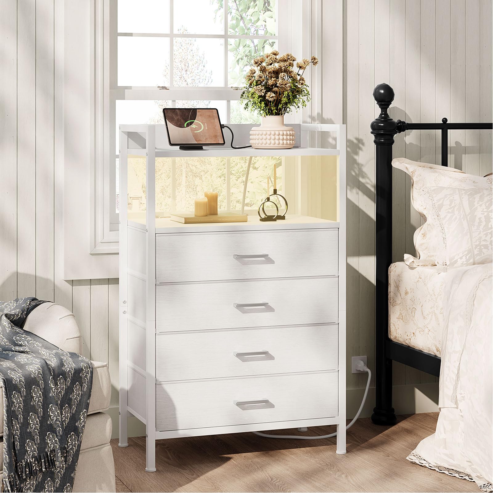 KAI-ROAD White Dresser for Girls Bedroom, 4 Drawer Dresser with LED Light and Charging Station, Tall Nightstand Large Kids Dresser with Open Shelf