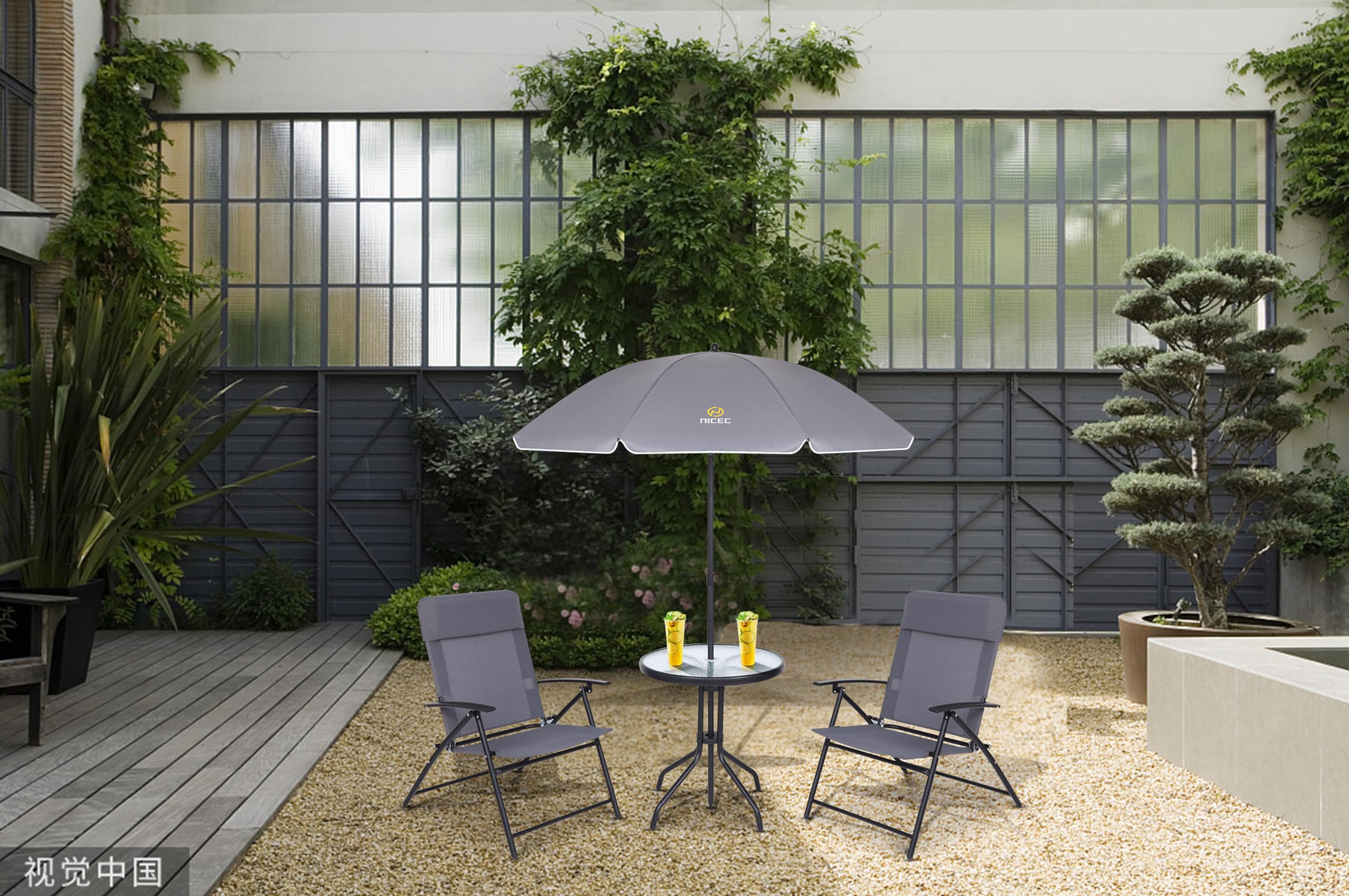 Nice C Patio Set with Umbrella, Outdoor Dinning Set, Patio Furniture Set, Table and Chairs, 4-Piece Garden Furniture Set, Glass Table, 2 Folding Chairs and Tilt Umbrella (Grey)