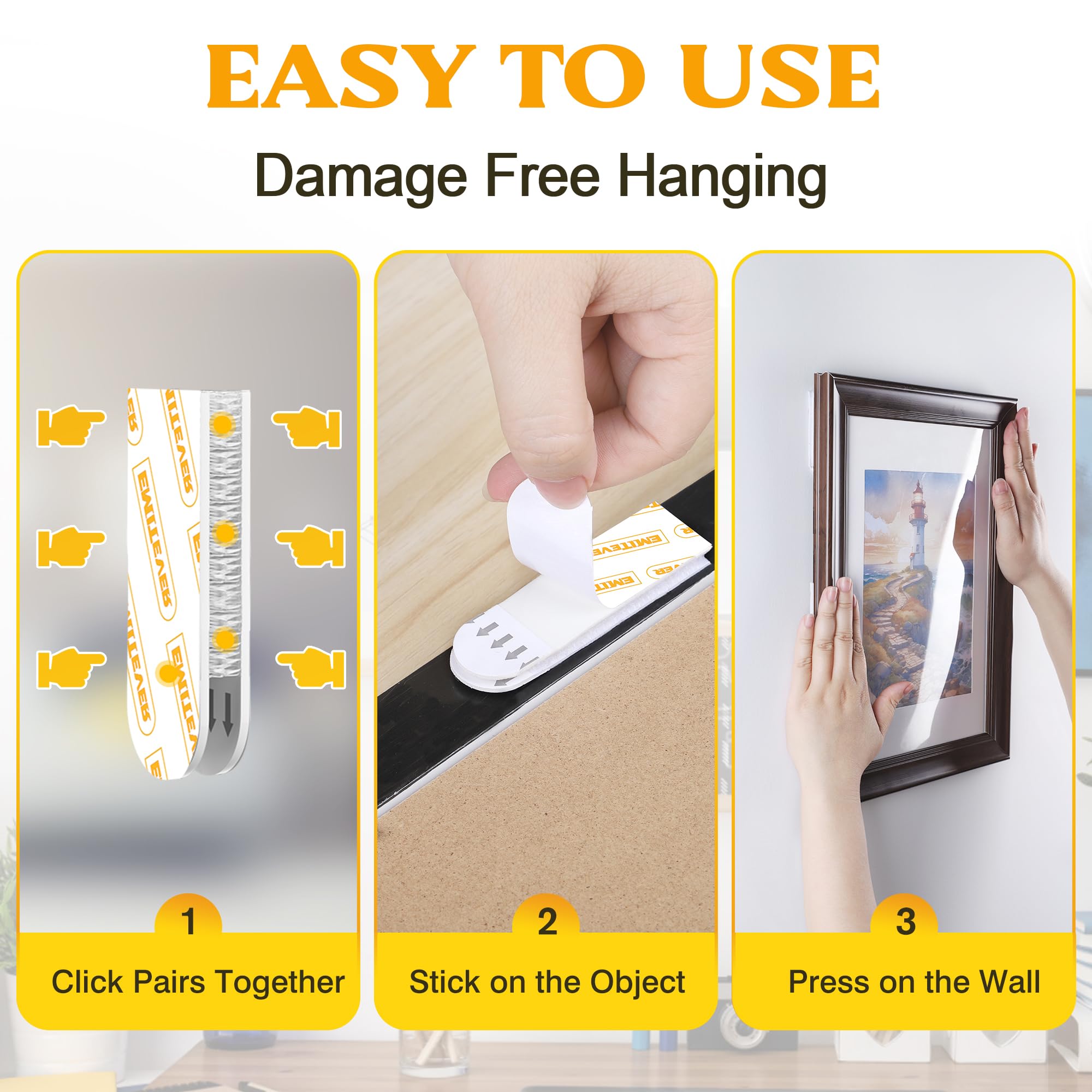 EMITEVER Picture Hanging Strips Heavy Duty, Damage Free Hanging Picture Hangers for Walls, Picture Hanging Kit, Hanging Hooks Without Nails, Medium Poster Wall Strips White 20-Pairs (40 Strips)