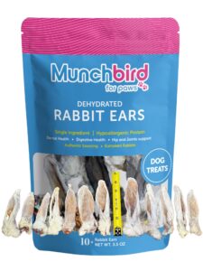 munchbird dehydrated rabbit ears (3.5 oz, 12-15 counts) for dogs & cats, european furry rabbit ear natural fiber for dogs, rawhide free alternative to pig ears for dogs, ear size varies