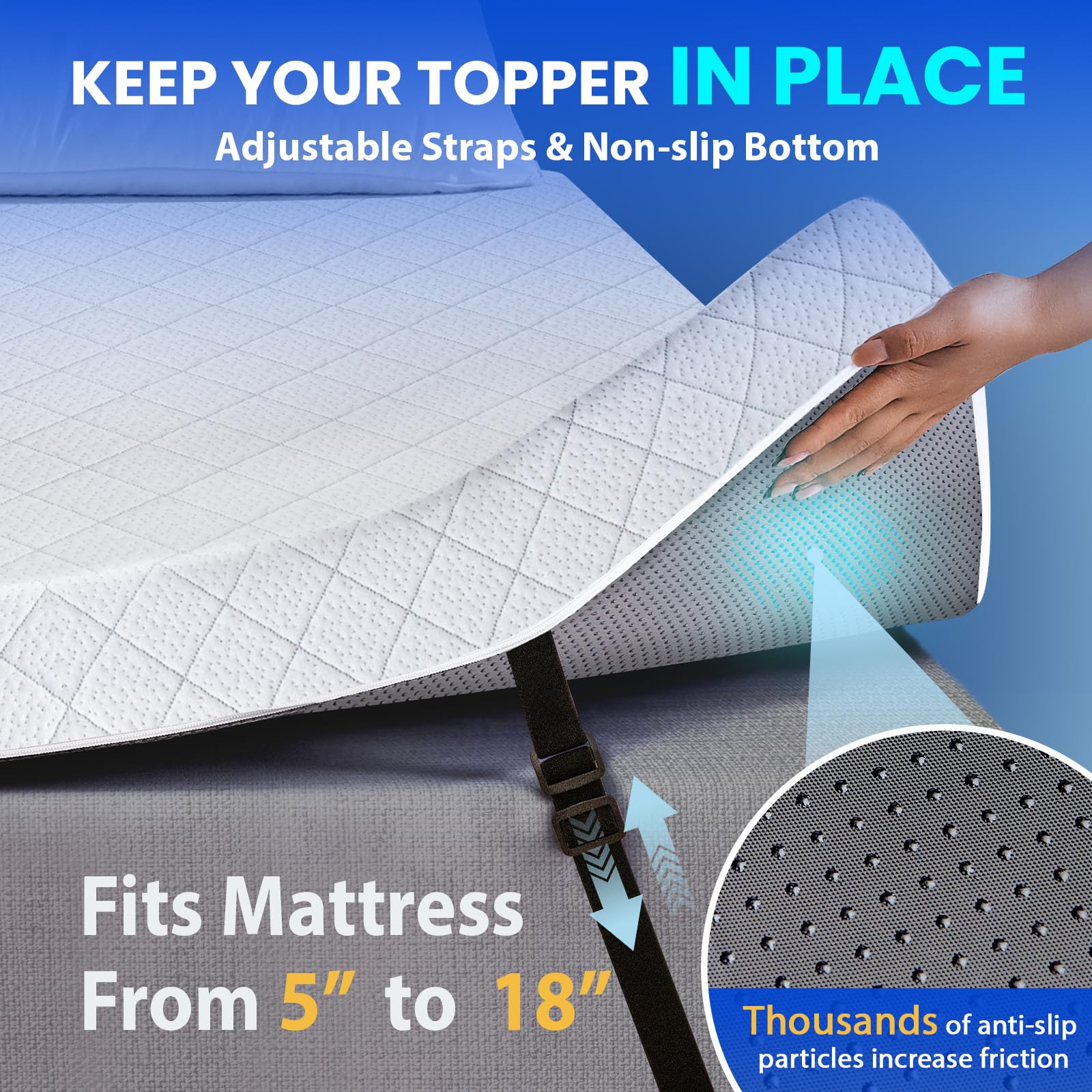 3 Inch Gel Memory Foam Mattress Topper Queen for Back Pain Pressure Relief, Cooling Bed Topper with Washable Breathable Soft Cover, Non-Slip Straps Ventilated CertiPUR-US