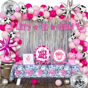 hombae cowgirl bachelorette party decorations, let’s go girls party supplies, disco hot pink nashville cowgirl bridal shower, fringe curtain balloon banner tablecloth cake topper plates napkins forks