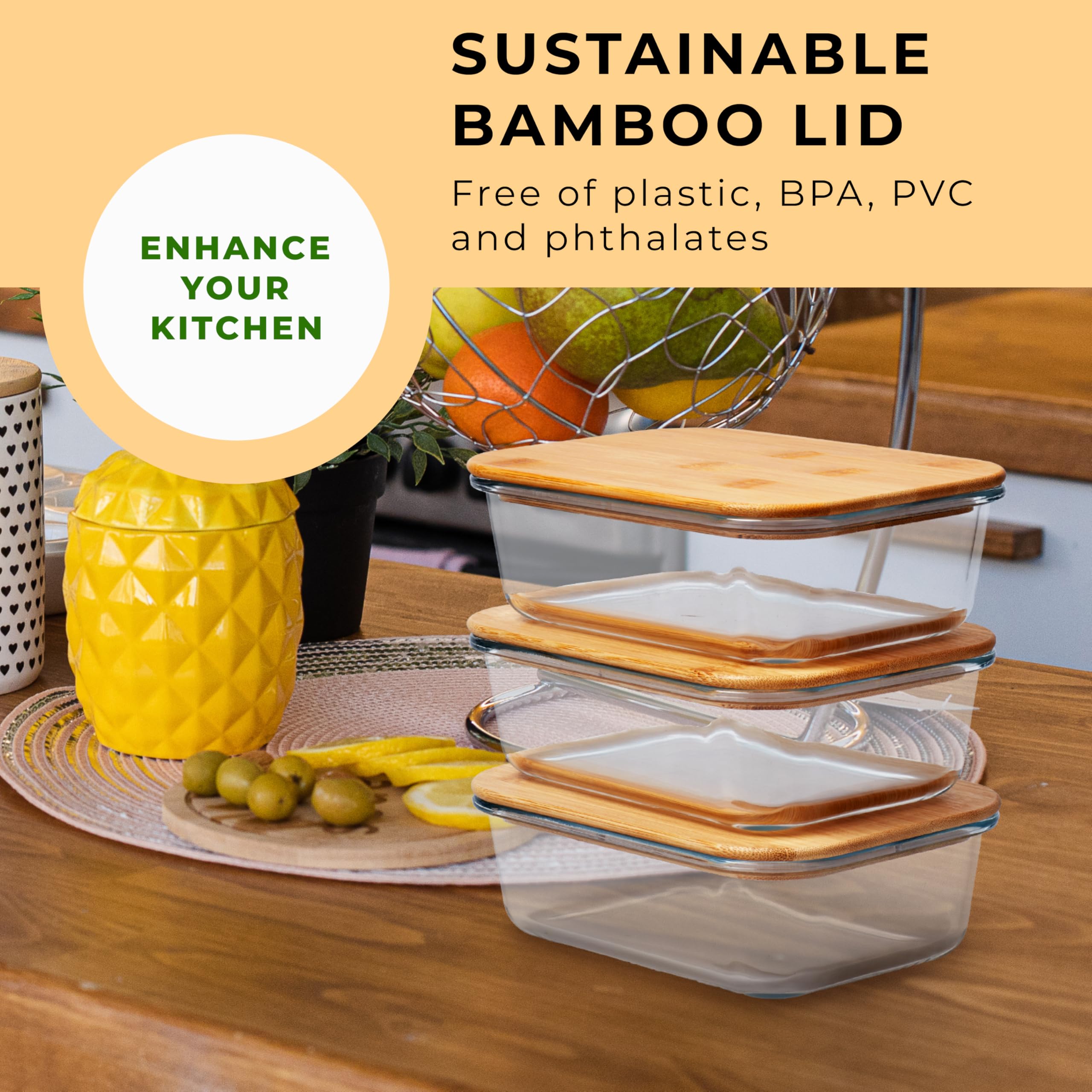 Prosumer's Choice Glass Containers with Bamboo Lids, 36oz - Set of 3 Stackable Food Storage with Wood Lids - Lunch Meal Prep Container Box - Made of Borosilicate Glass - with Silicone Ring