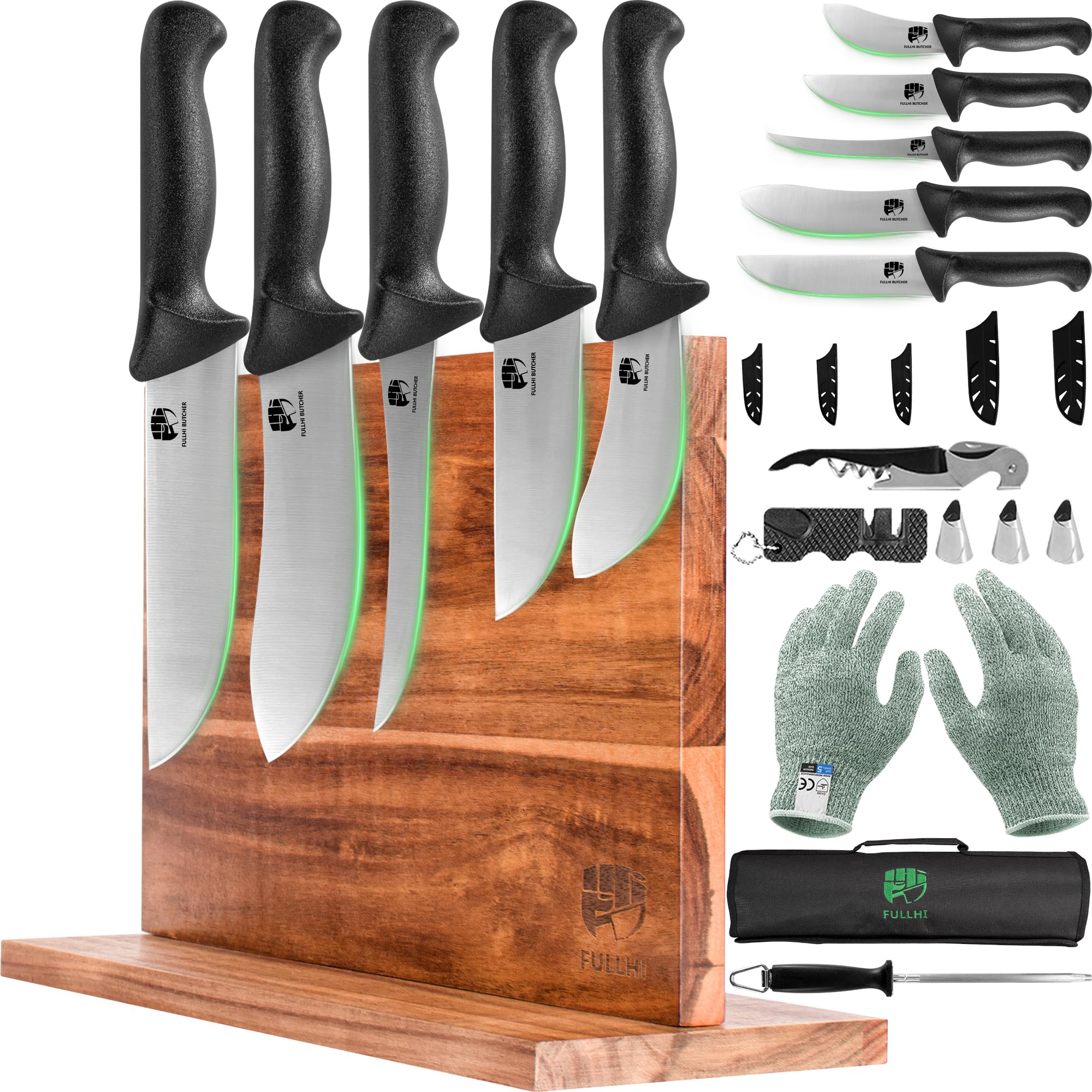 FULLHI 11PCS Butcher Knife Set with Magnetic Knife Block Holder, Non-slip butcher boning knife German Stainless Steel Chef Knife Set,Meat Processing Set for Home Kitchen,Slaughterhouse And Restaurant