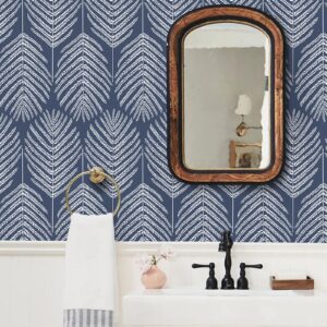 Fititem Blue Wallpaper Peel and Stick Wallpaper 393”×17.3” Coastal Modern Boho Contact Paper for Cabinet Dark Blue Leaf Wallpaper for Bedroom Removable Self-Adhesive Waterproof Wallpaper for Bathroom