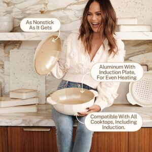 Cravings by Chrissy Teigen The Perfect Pan Dutch Oven with Lid 5.3 Quart, Matte Enamel Finish, Stainless Steel Knob, Steamer Basket Included, Oven Safe up to 450°F