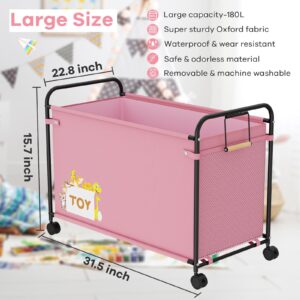 AIJIAMEIER 180L Kids Extra Large Toy Box with Wheels & Handle, 31.5” x 15.7” x 23.2” Big Toy Chest for Boys Girls, Toy Storage Organizer for Stuffed Animals, Playroom, Living Room Area(Pink, 1PC)