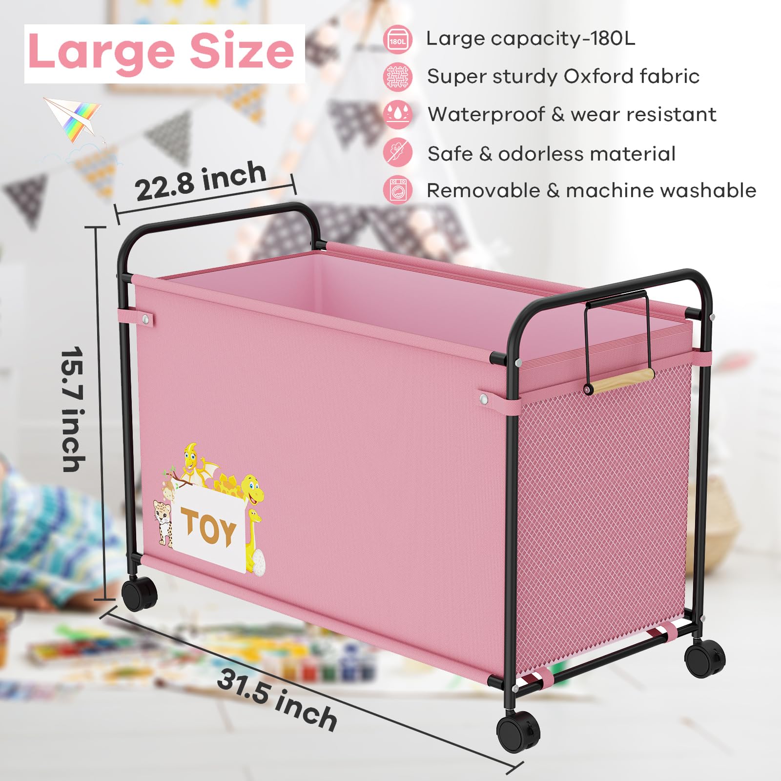 AIJIAMEIER 180L Kids Extra Large Toy Box with Wheels & Handle, 31.5” x 15.7” x 23.2” Big Toy Chest for Boys Girls, Toy Storage Organizer for Stuffed Animals, Playroom, Living Room Area(Pink, 1PC)