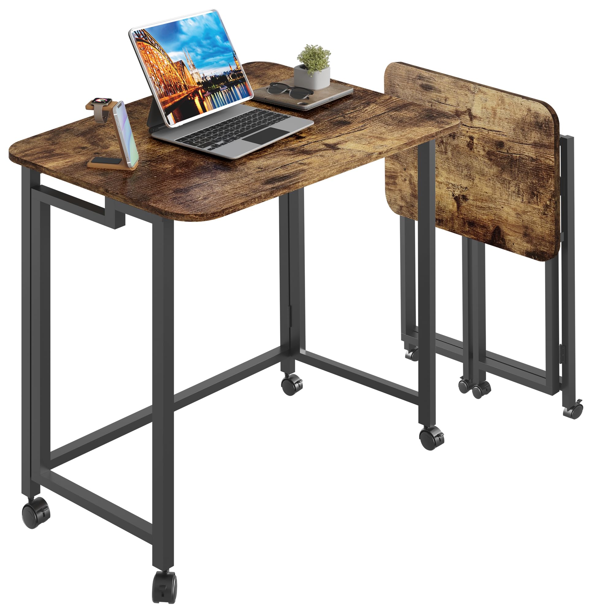 4NM 23.6" Mobile Small Folding Desk, Adjustable Rolling Compact Laptop Cart Desk, Couch Desk, Bed Desk for Laptop for Small Space Offices - Rustic Brown and Black