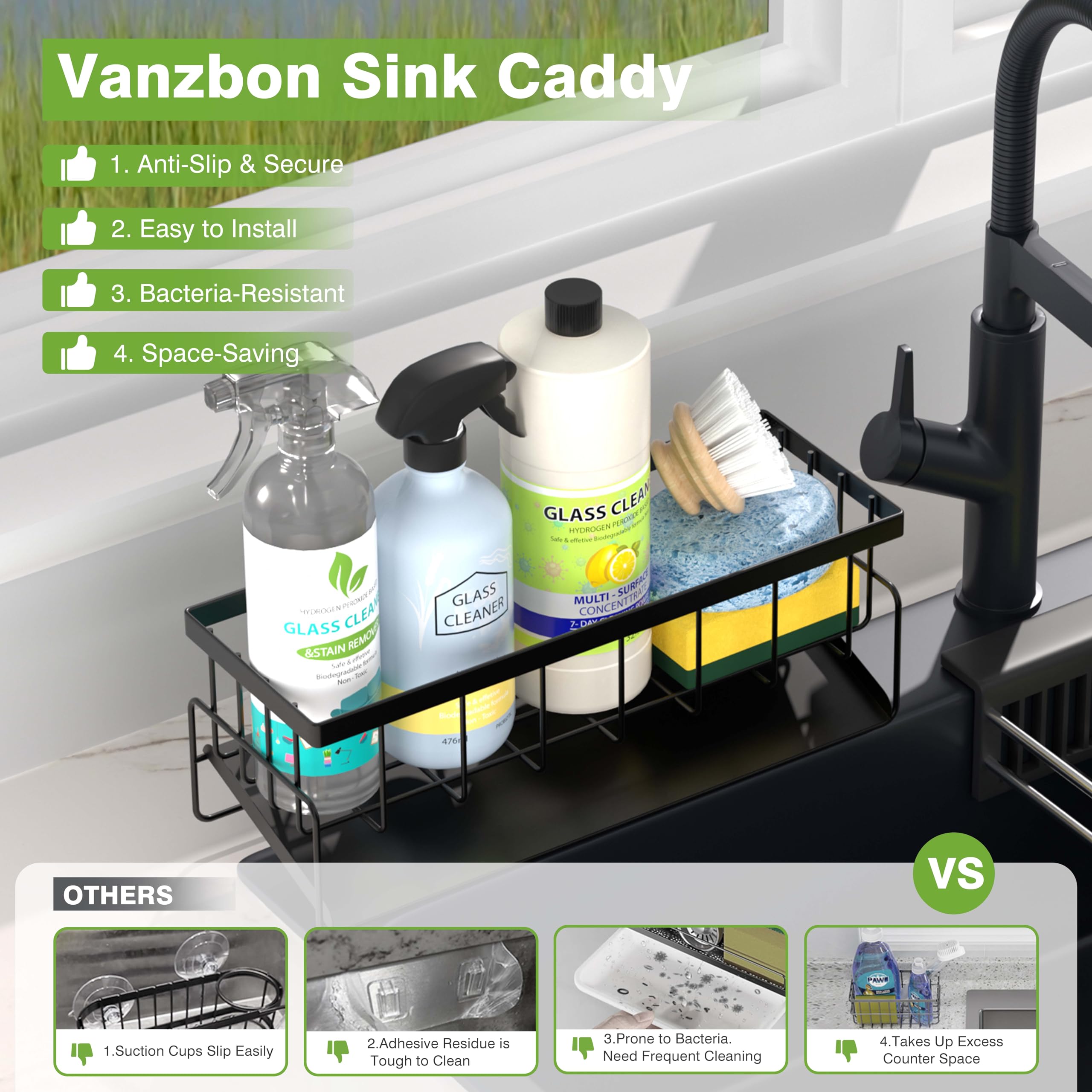 VANZBON Sink Caddy Sponge Holder for Kitchen Sink with Stainless Steel Self Drain Tray,Rustproof Kitchen Sink Organizer for Sponge,Soap Dispenser Storage Kitchen Accessories,Black