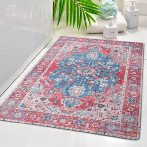 WAYYE Area Rug Non-Slip Printed Washable Low-Pile Rug for Indoor Kitchen Bathroom Bedroom Living Room Nursery (Red and Blue, 2'x3')