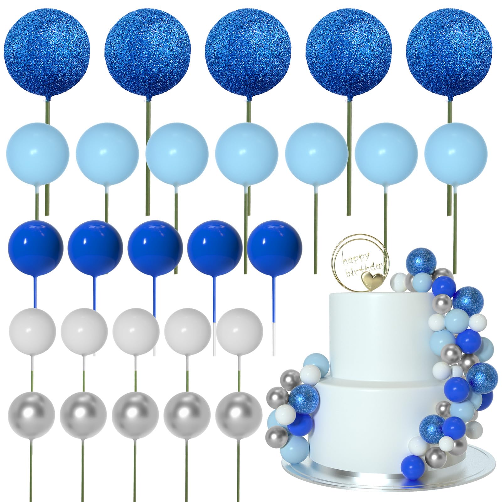 ASTARON 50 Pcs Ball Cake Topper Sticks Mini Balloons for Cake Decorating Supplies Foam Balls Cake decorations for Baby Shower Cake Birthday Cake Toppers Decorations (Blue Series)